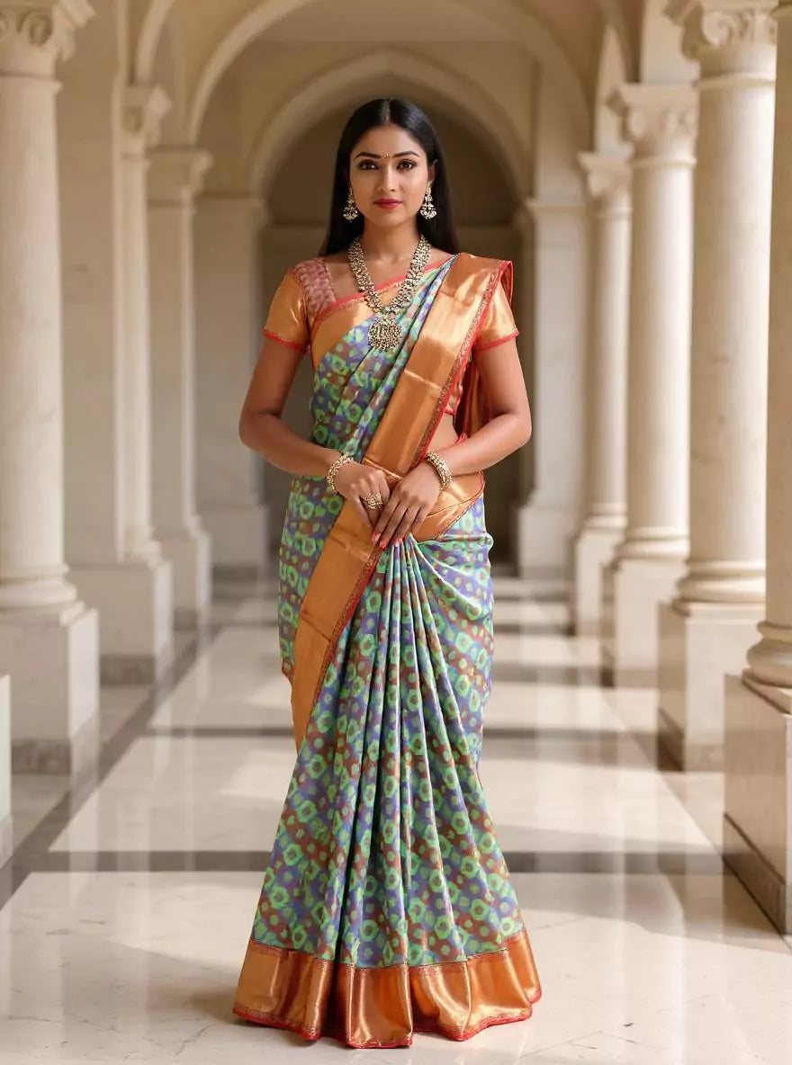 Double Shaded Multi Color Tissue Jaal Kanchi Padiya Pattu Brocade Sare