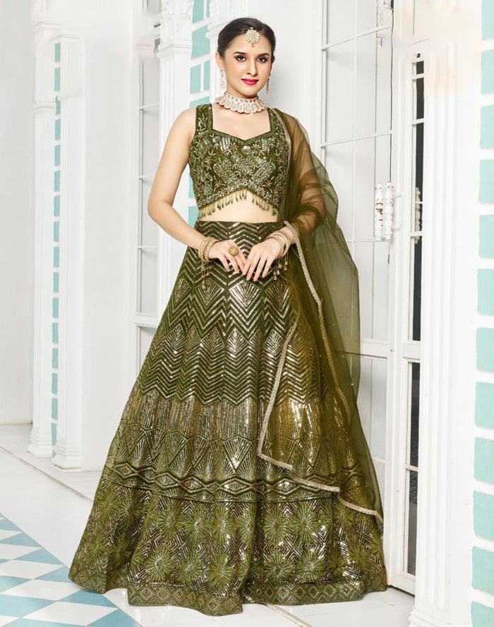Designer Green Coloured Floral Netted Embellished work Crop Top and Le
